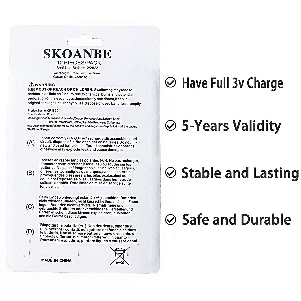 SKOANBE 12 Pack CR1620 3V Lithium Battery for Car Remote Key Fob