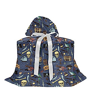 Ambesonne Pirates Gift Bag, Various Vintage Style Mysterious Pirate and Theme Hand Drawn Elements Cartoonish, Reusable Fabric Party Favor Pouch with 3 Ribbons, 27" X 32", Multicolor