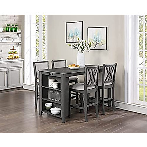 New Classic Furniture Amy Kitchen Counter Island Dining Table for 4 with Storage Shelf & USB Chargers, Contemporary Gray