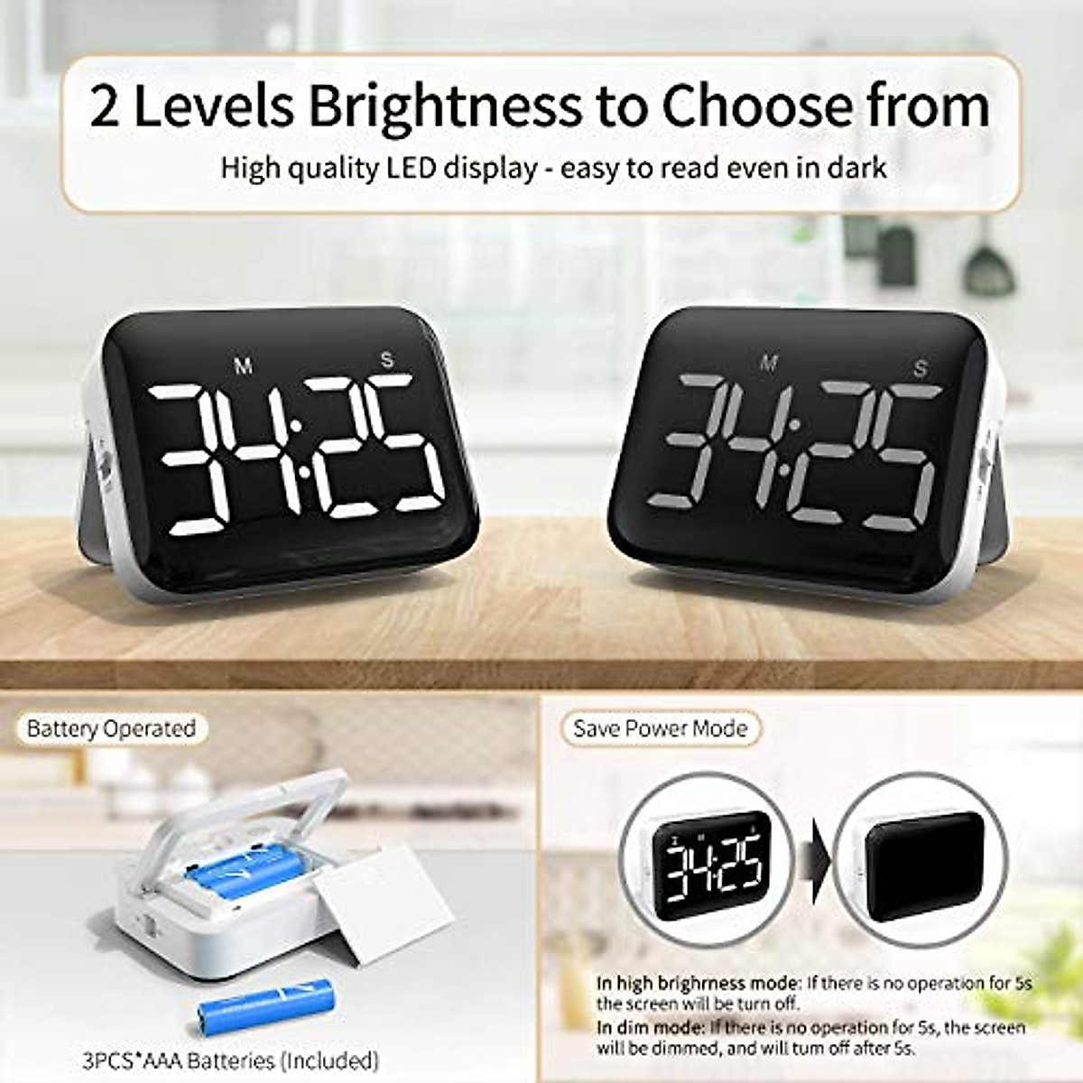 NOKLEAD Digital Kitchen Timer - Magnetic Countdown Count Up Timer with Large LED Display, 2 Brightness, Loud Volume, Easy for Cooking and for Kids Teachers and Seniors to Use (Batteries Included)