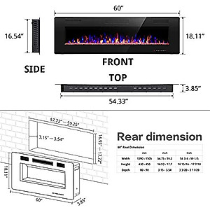 R.W.FLAME 60" Recessed and Wall Mounted Electric Fireplace, Low Noise, Remote Control with Timer,Touch Screen,Adjustable Flame Color and Speed, 750-1500W