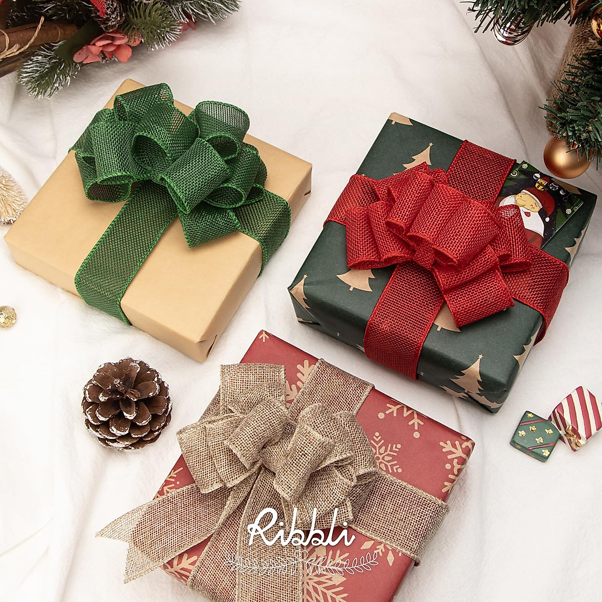 Ribbli Red Burlap Wired Ribbon,1-1/2 Inch x 10 Yard,Wired Edge Ribbon for Big Bow,Wreath,Tree Decoration,Outdoor Decoration