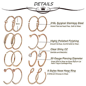 Masedy 16Pcs 20G 316L Stainless Steel Nose Rings Hoop Tragus Cartilage Helix Ring Lip Septum Piercing Rose Gold 8MM