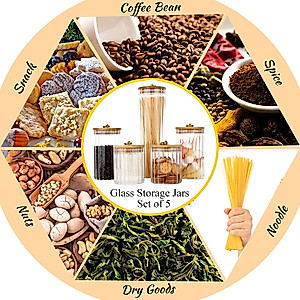 Glass Storage Jars Set of 5, Decorative Coffee Bar Container with Airtight Bamboo Lid Metal Ring for Home Kitchen Storing Candy, Cookie, Pasta, Nuts, Oatmeal and Bathroom Salt