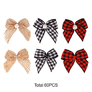 Meseey 60pcs 1" Mini Buffalo Check Plaid Red and Black Ribbon Burlap Bow White and Black Gingham Ribbon Double Bows for Packages Gift Wrapping Christmas Decoration