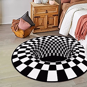 TTSITG 3D Visual Optical Floor Mat, 3D Vortex Illusion Rug Black White Plaid Round Rugs Non-Slip 3D Visual Area Rugs for Dining Room Carpet Home Bedroom Floor Mat (39Inch)