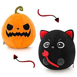 Emoin Halloween Plush 11.8" Reversible Halloween Pumpkin Cat Stuffed Animal Soft Black Cat Pumpkin Pillow Halloween Decor Birthday Gift for Kids