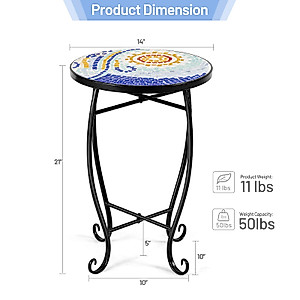 S AFSTAR Mosaic Patio Table, 21”H x 14”Dia Round Plant Stand Coffee Table, Mosaic Outdoor Side Table, Patio Bistro Table, Outdoor Side Tables, Mosaic Plant Stand for Books Coffee Potted (Navy)