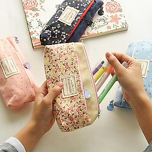 4 Pack Flower Floral Canvas Pen Pencil Cases Makeup Bags, FineGood Stationery Pouch Holders with Double Zippers for School Students Kids, with 2 Hang Ropes - Dark Blue, Light Blue, Pink, Cream