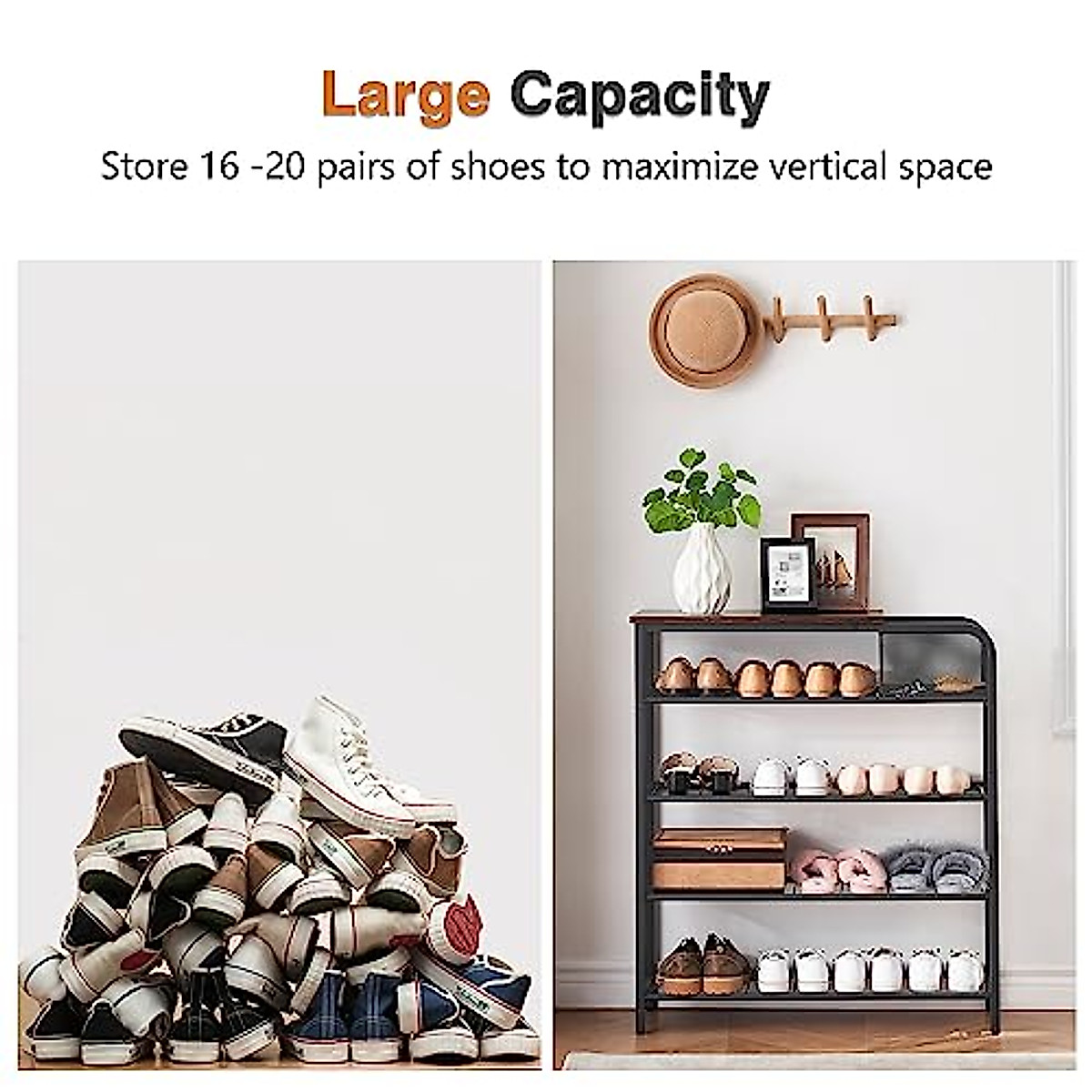 IDEALHOUSE Shoe Rack for Entryway, 5 Tier Shoe Storage Shelves with Mesh Storage Basket, 16-20 Pairs Shoe Organizer with Wooden Top Shelf for Closet, Hallway, Entryway, Rustic Brown