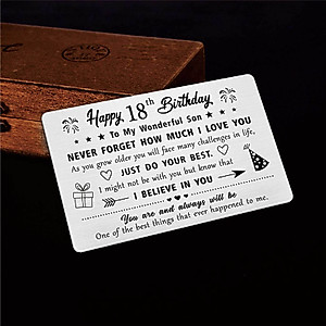 FALOGIJE 18th Birthday Card Gifts for Son, Birthday Gifts for 18 Year Old Son, Engraved Metal Wallet Card