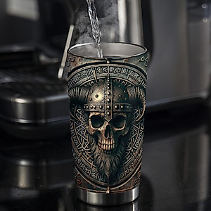 20oz Viking Celtic Warrior Skull Tumbler, Norse Mythology, Viking Gifts for Men, Coffee Thermos for Men, Stainless Steel Double Wall Vacuum Insulated Coffee Mug, Travel Cup with Lid