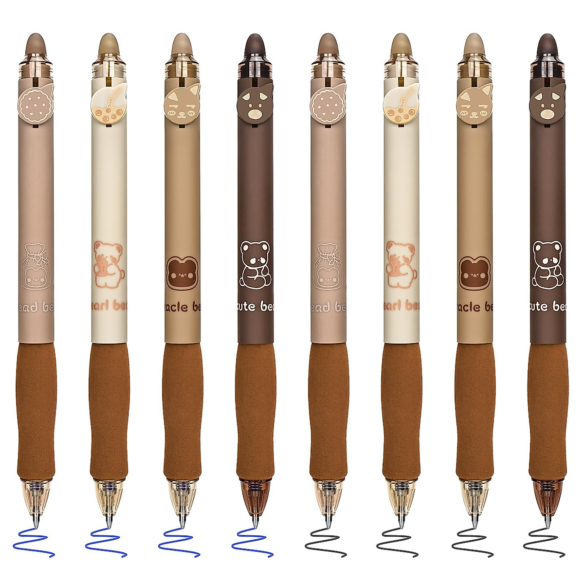 BAYTORY 8Pcs Cute Retractable Erasable Gel Pens, Blue and Black Ink Pen with Eraser Clear, Smooth Writing Comfortable to Use for Note Taking Marking Planner Crossword Puzzles (Coffee)