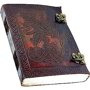 MONTEXOO Leather Journal Dragon Dungeons Dragonette Diary Sketchook Notebook with Lock for Men Women Dnd Travel Bullet Handmade Vintage Old Antique Writing Large Old Cool Brown 8 Inch