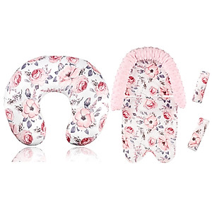 Baby Car Seat Head Support and Strap Cover, Nursing Pillow Cover for Girls, Pink Floral