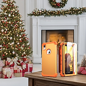 IDweel for iPhone XR Case, Case for iPhone XR Case with Screen Protector,3 in 1 Shockproof Slim Fit Hybrid Heavy Duty Hard PC Cover Soft Silicone Bumper Full Body Case,Sundial Yellow/Orange