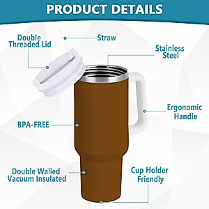Emelivor Brown 40 oz Tumbler with Lid and Straw Insulated Tumblers with Handle Travel Coffee Mug Cup Large Water Bottles Cup for Hot or Ice Coffee Tea