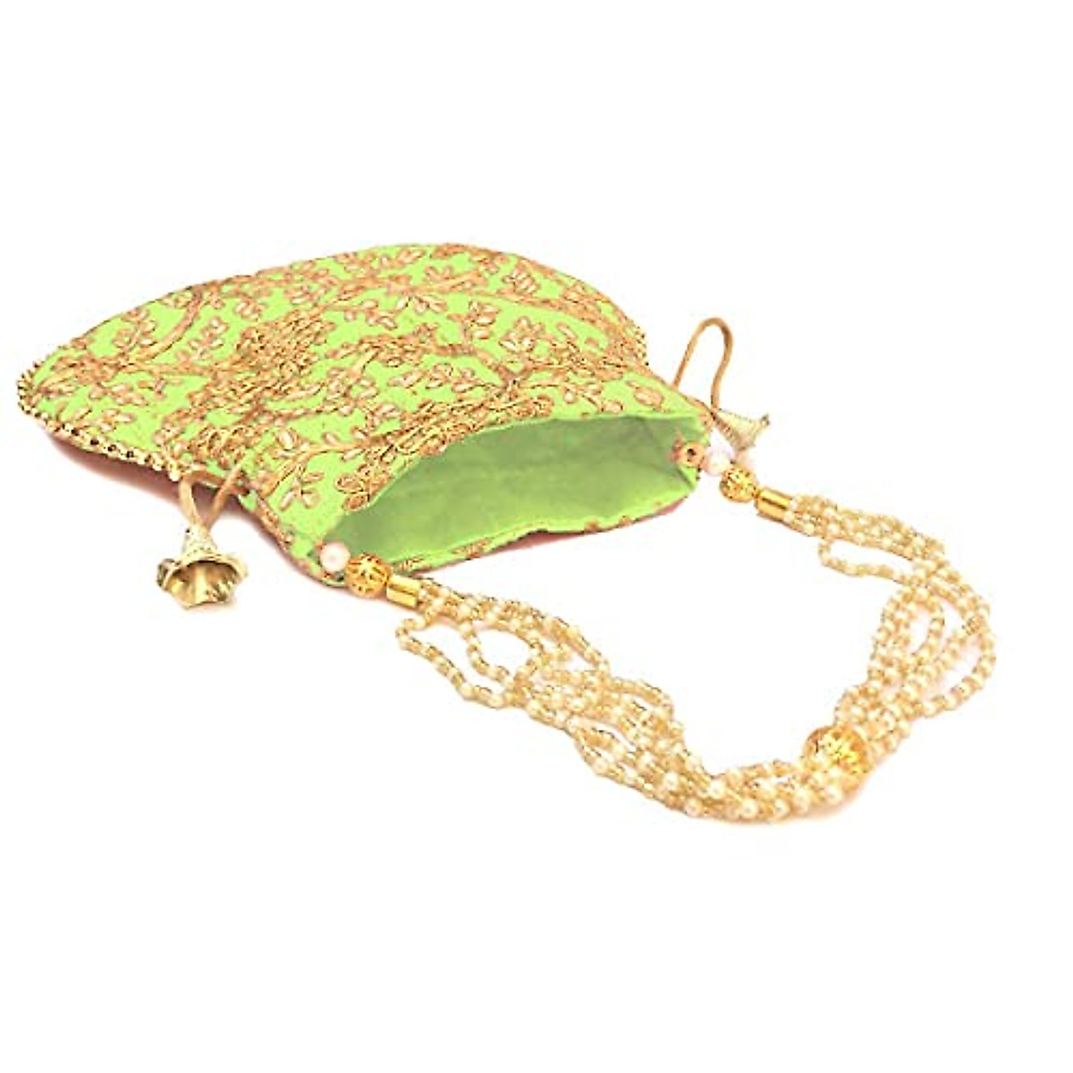 Potli Bag For Women With Intricate Gold Thread & Sequin Ethnic Designer Embroidery Work Batwa Pearls Handle (Parrot Green)
