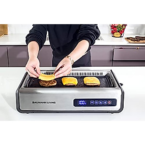 Baumann Living Indoor Smokeless Grill 1500W with Smart LED Touch Screen, Tempered Glass Lid, 2 Removable Ceramic Nonstick Grill & Griddle Plate, in a Sleek Design with Brush Chrome Finish..