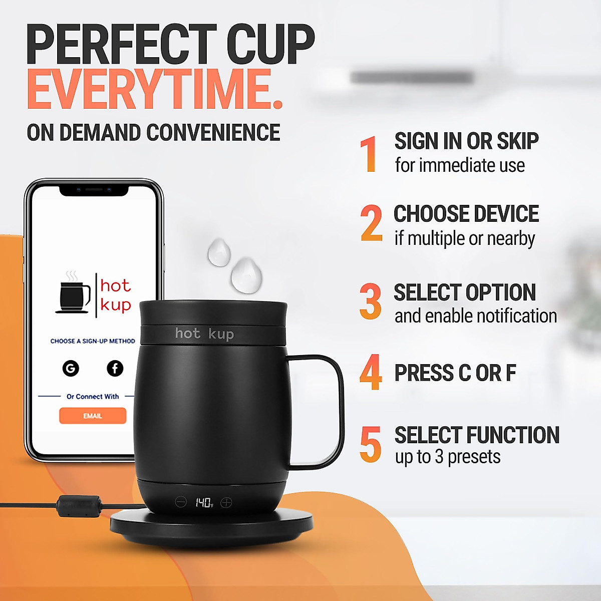 HOT KUP Heated Coffee Mug 14oz Temperature Controlled Smart Cup Black