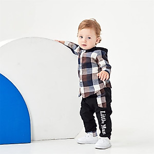 Axumity Toddler Boy Clothes Hoodie Sweatsuit Outfits Kids Flannel Plaid Shirt Top Colorblock Pants Set for Fall Winter Spring(3-4t)