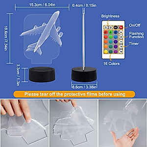 FULLOSUN Aircraft Airplane 3D Night Light Kids Bedside Lamp 16 Colors Changing with Remote Control Xmas Halloween Birthday Gift for Child Baby Boy