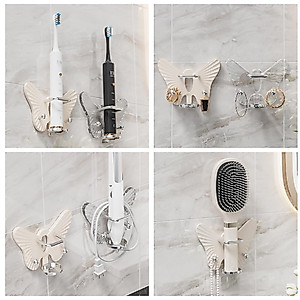 WAYUTO 2Pcs Butterfly Hairbrush Holders Punch Free Comb Holder Wall-Mount Comb Display Rack Rubber Band Hand Mirror Organizer Plastic Round Hair Brush Storage Holder for Salon Bathroom Home