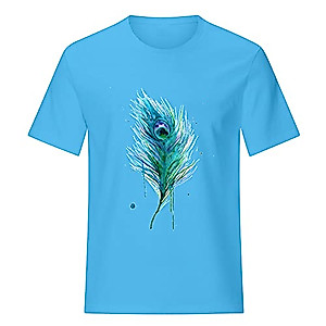 wodceeke Women 2021 Summer Tops Short Sleeve Round Neck Feather Print Basic Tee Casual Loose Solid Color Sport Top (Blue,XXL)