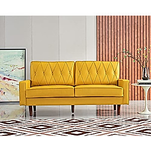 Container Furniture Direct Modern Style Faux Leather Sofa with Elegant Round Tapered Legs and Button Tufted Backrest Perfect for Living Room, Bedroom or Home Office, 69.3’’ Wide, Musterd Yellow