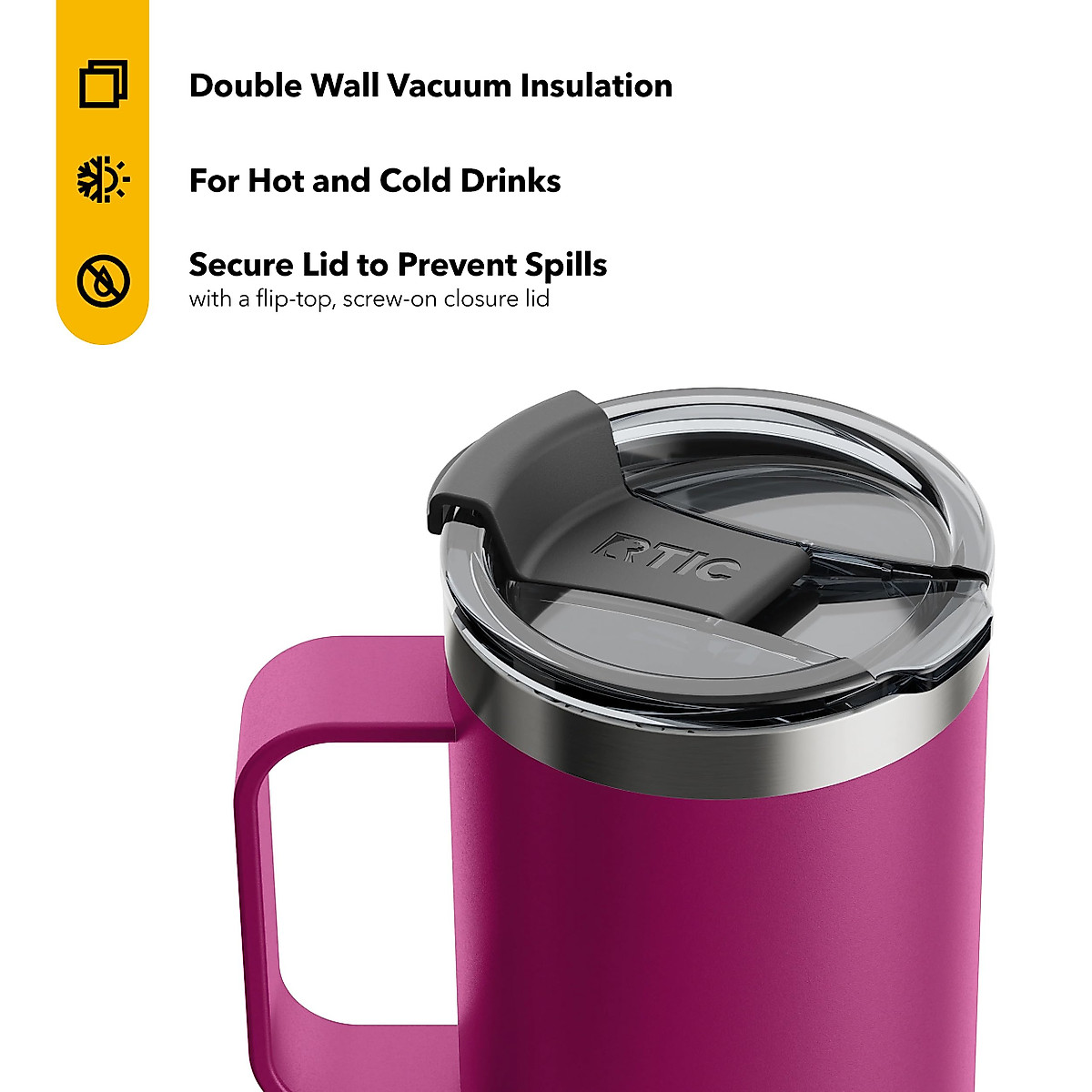 RTIC 16 oz Coffee Travel Mug with Lid and Handle, Stainless Steel Vacuum-Insulated Mugs, Leak, Spill Proof, Hot Beverage and Cold, Portable Thermal Tumbler Cup for Car, Camping, Very Berry