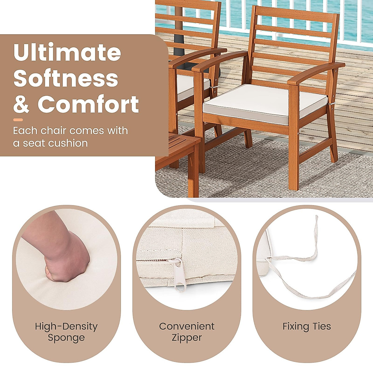 Tangkula 4 Pieces Outdoor Furniture Set, Acacia Wood Conversation Set w/Soft Seat Cushions, Stable Acacia Wood Frame, Patio Sofa & Coffee Table Set for Backyard, Porch, Poolside (White)