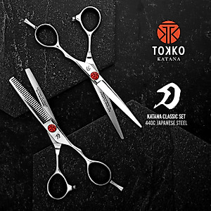 Katana Classic Professional 6.5" Shear Set by Tokko Shears, Premium 440C Japanese Steel Regular and Thinning Scissors for Barbers and Salon Professionals