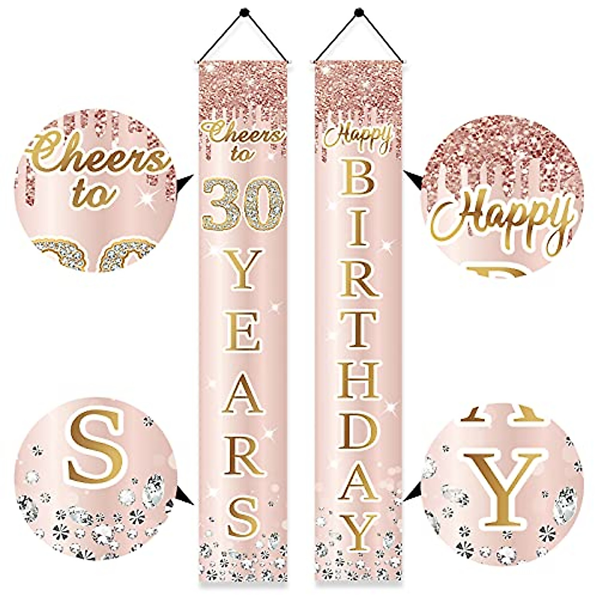 30th Birthday Decorations Door Banner for Women, Pink Rose Gold Cheers to 30 Years Happy Birthday Sign Party Supplies, Sweet Thirty Birthday Backdrop Porch Decor