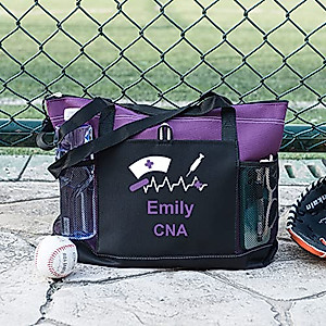 Personalized Nurse Tote Bag with Mesh Pockets, Zippered Beach Tote Bags , Large Travel Tote Bag for women, Gift for RN, LPN, CNA, Lightweight (Purple)