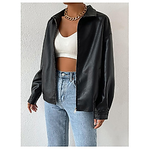 MakeMeChic Women's Faux Leather Shacket Long Sleeve Zip Up Motorcycle Jacket Biker Coat Zip Black S