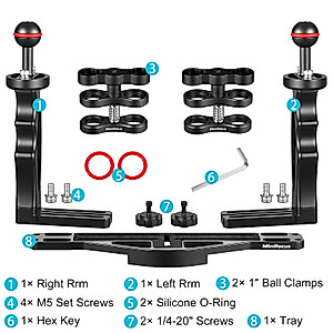 MINIFOCUS Underwater Camera Handle Tray Bracket, Dual Handle Extendable Aluminum Alloy Video Stabilizer Holder with 2 1'' Ball Clamp Mount for Underwater Camera Diving Housings