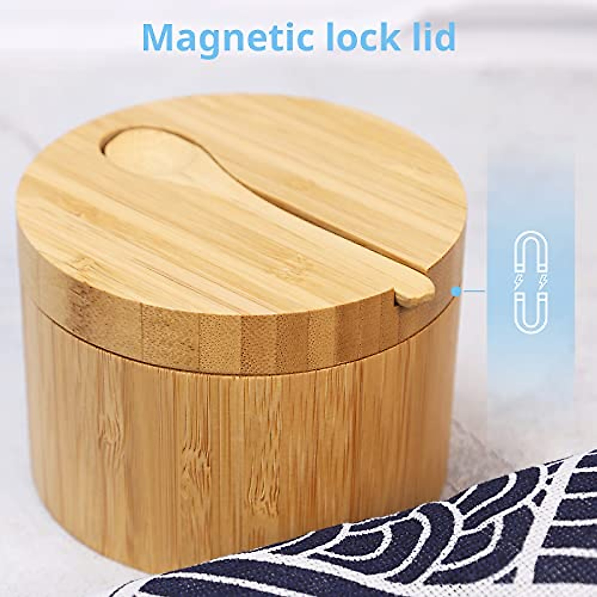 Bamboo Salt Cellar with Mini Spoon by HTB, Kitchen Salt Box with Swivel Magnetic Closure Lid, Round Salt Container to Storage Pepper Spice Bath Salt Sea Salt