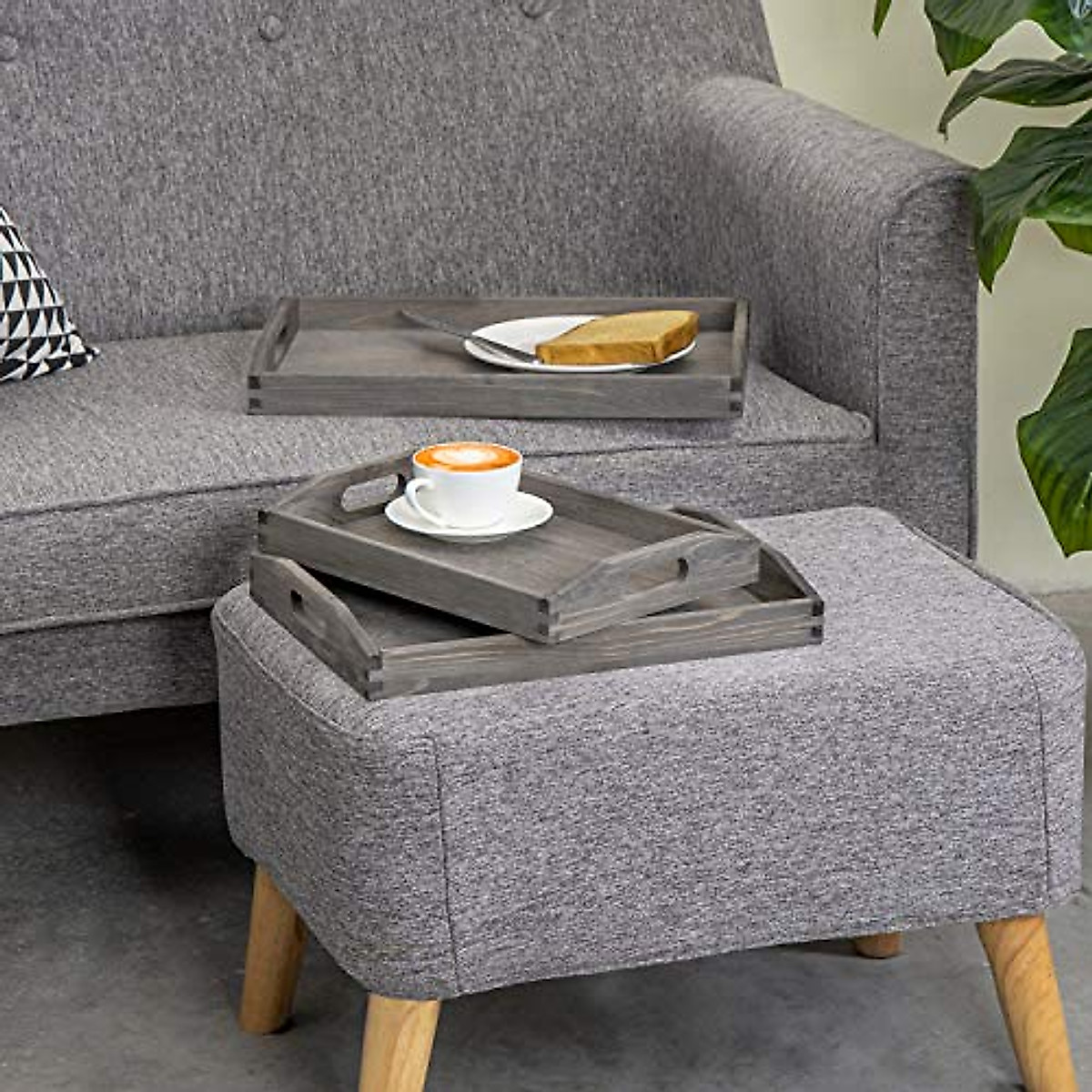 MyGift Vintage Gray Wood Serving Trays - Nesting Breakfast, Ottoman, Decorative Coffee Table Tray with Handles, 3-Piece Set
