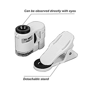 60x Pocket Microscope, Handheld Portable LED Lighted Magnification Endoscope with a Mobile Phone Adapter Clip, Built-in UV and LED Flashlight