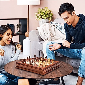 AMEROUS 12.8'' Magnetic Wooden Chess Set / 2 Built-in Storage Drawers / 2 Extra Queen/Gift Package/Chess Rules/Classics Strategy Board Games Chess Sets for Kids and Adults