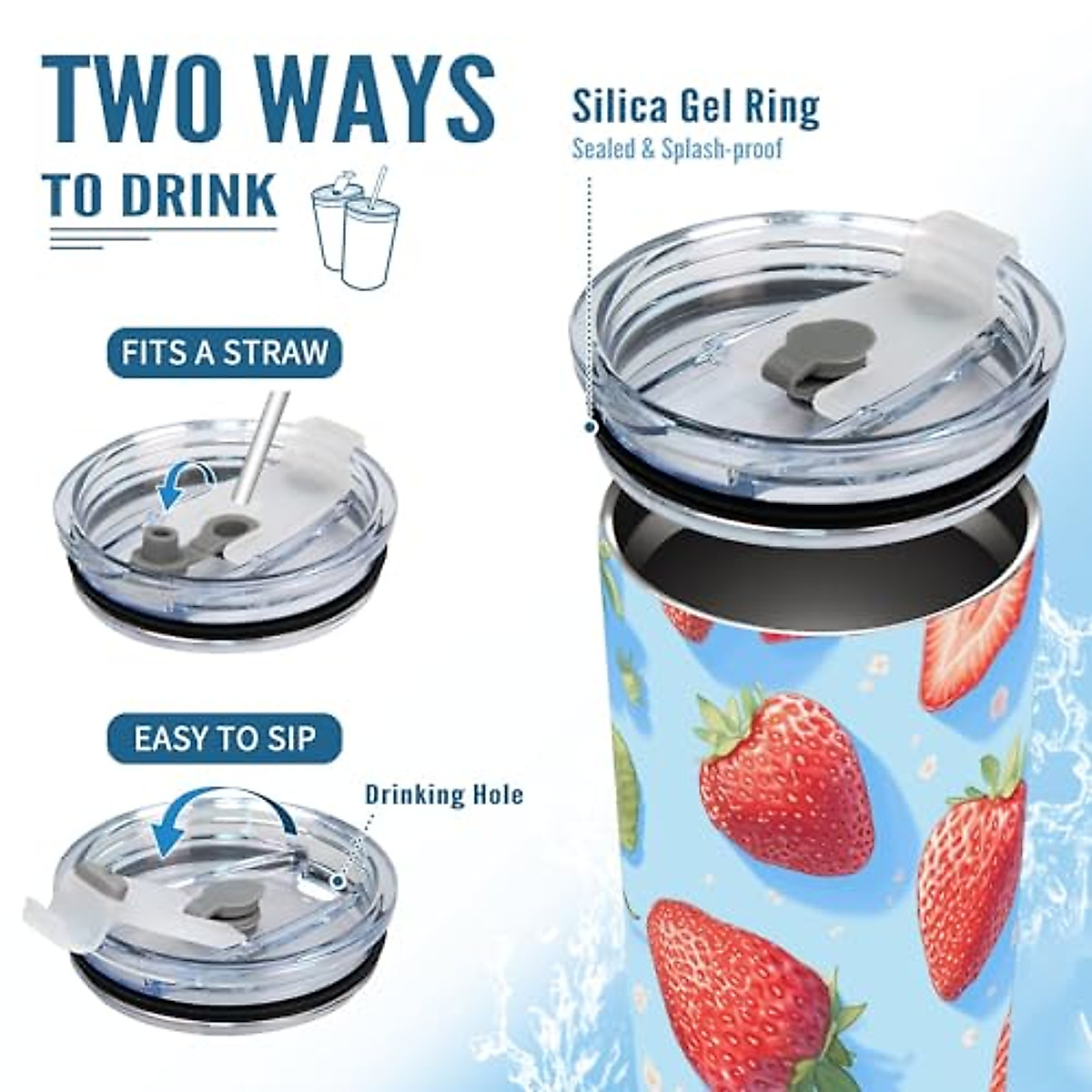 QWEUIOP 20oz Insulated Travel Coffee Mug Fruits Strawberry Pattern Stainless Steel Tumbler with Lid Double Wall Vacuum Coffee Cup For Hot and Cold Drinks14578