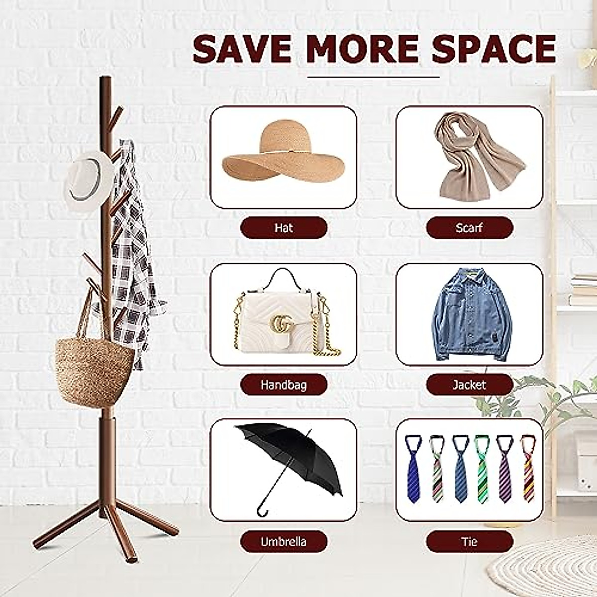 Azaeahom Coat Rack Freestanding with 8 Hooks 3 Adjustable Height Coat Racks Stand Clothing Hanger Stand Wooden Coat Tree Easy Assembly for Entryway, Bedroom, Hallway, Dormitory,Office Cherry