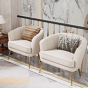Andeworld Velvet Accent Chair, Upholstered Modern Single Sofa Side Chair,Comfy Barrel Club Living Room Armchair with Golden Metal Legs for Bedroom Living Reading Room Office, Beige