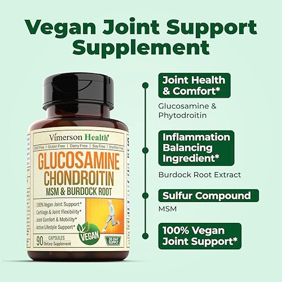 Vegan Glucosamine Chondroitin MSM - 100% Vegan Joint Support Supplement for Women & Men with Burdock and Glucosamine Sulfate 1500 mg. Used for Cartilage and Joint Health and Flexibility - 90 Capsules