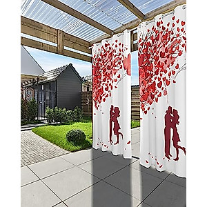 Waterproof Outdoor Curtains for Patio, Valentine's Day Lovers under Love Tree Balloons Weatherproof Privacy Outdoor Drapes, Grommet Top Outside Curtains for Gazebo Porch Pergola Cabana, 52x108 Inch