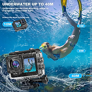 4K Action Camera, Sports Video Camera WiFi with Touch Screen Dual Screen 131FT Underwater Camera Waterproof, EIS 2.0, 170° Wide Angle, Zoom, 2 Batteries and Accessory Kits for Vlog