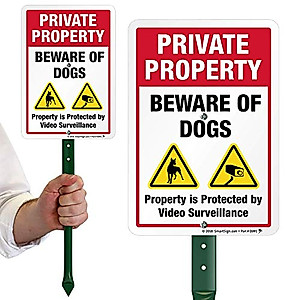 SmartSign Private Property Beware of Dogs Sign with Stake | 21" Tall Sign & Stake Kit - Property Protected by Video Surveillance Sign For Yard/Lawn | 10x7 Inches Aluminum Metal Sign