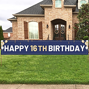 Happy 16th Birthday Banner Blue, Large 16th Bday Sign, 16th Birthday Party Outdoor Decoration for Boy Men（9.8 x 1.6 feet）