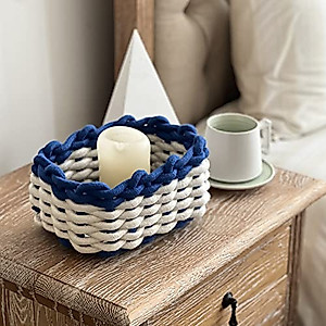 R RUNKA Small Rope Baskets for Clothes, Toys, Towels, Books - Set of 3,Decorative Baskets for Home Decor,Small Baskets for Gifts | Boho Baskets, Small Woven Basket for Nursery (Blue & Off White)