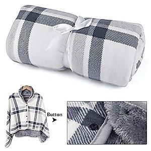 forestfish Fleece Wearable Blanket, Plaid Lap Blanket Comfy Poncho Throw With Buttons For Bed Sofa Office, Grey-White
